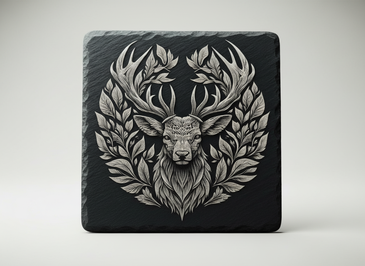 Intricately engraved deer head on square slate coaster | Free Files - Atomm