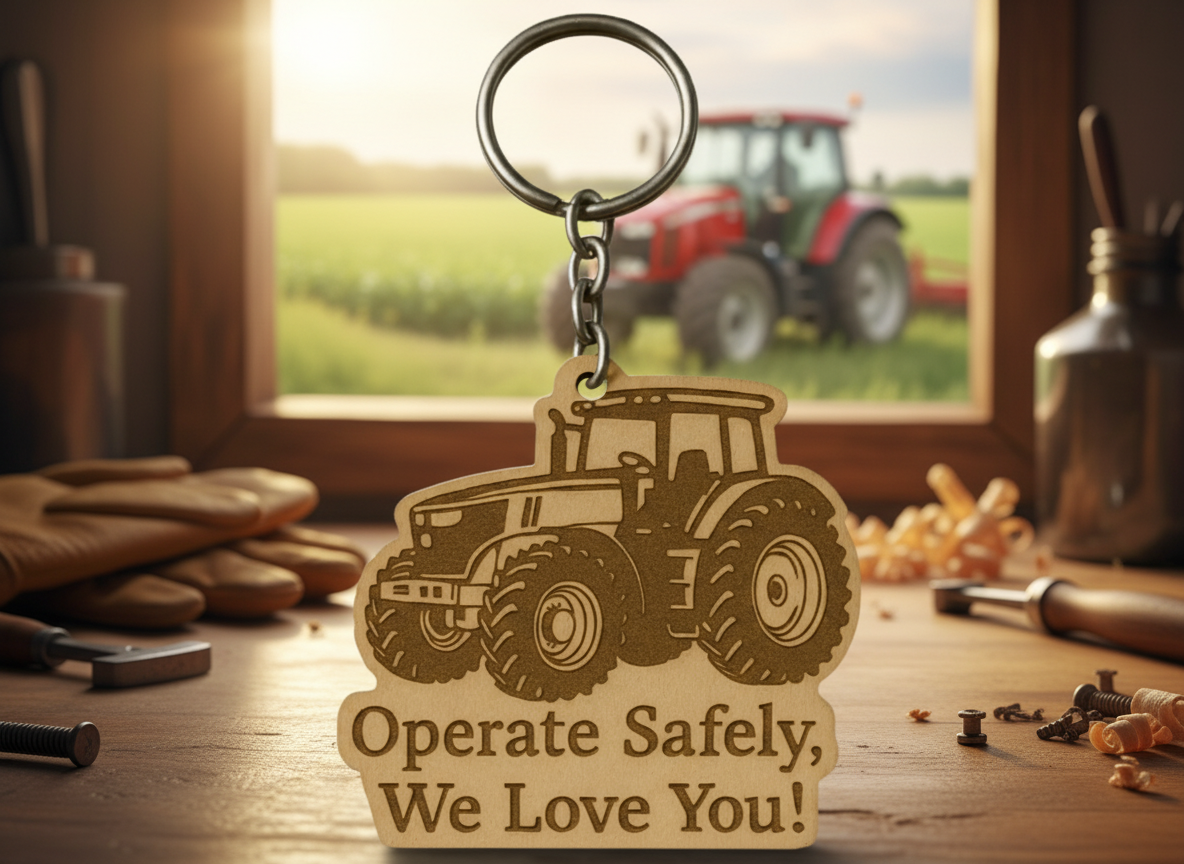 Laser Cut Tractor Keychain with "Operate Safely, We Love You" Text ...