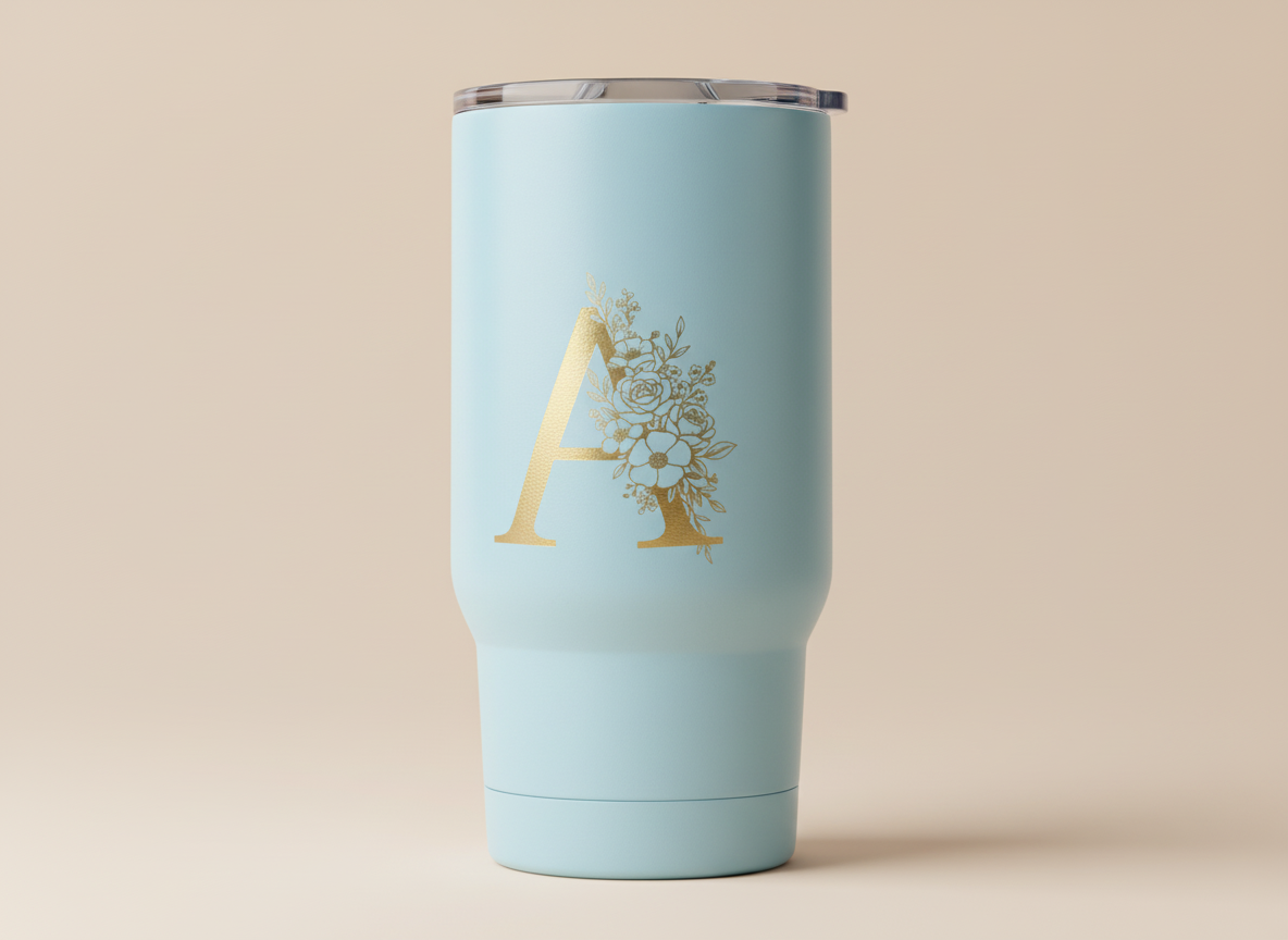 Monograma A con flores grabado Tumbler holografico / Laser Engraved ...