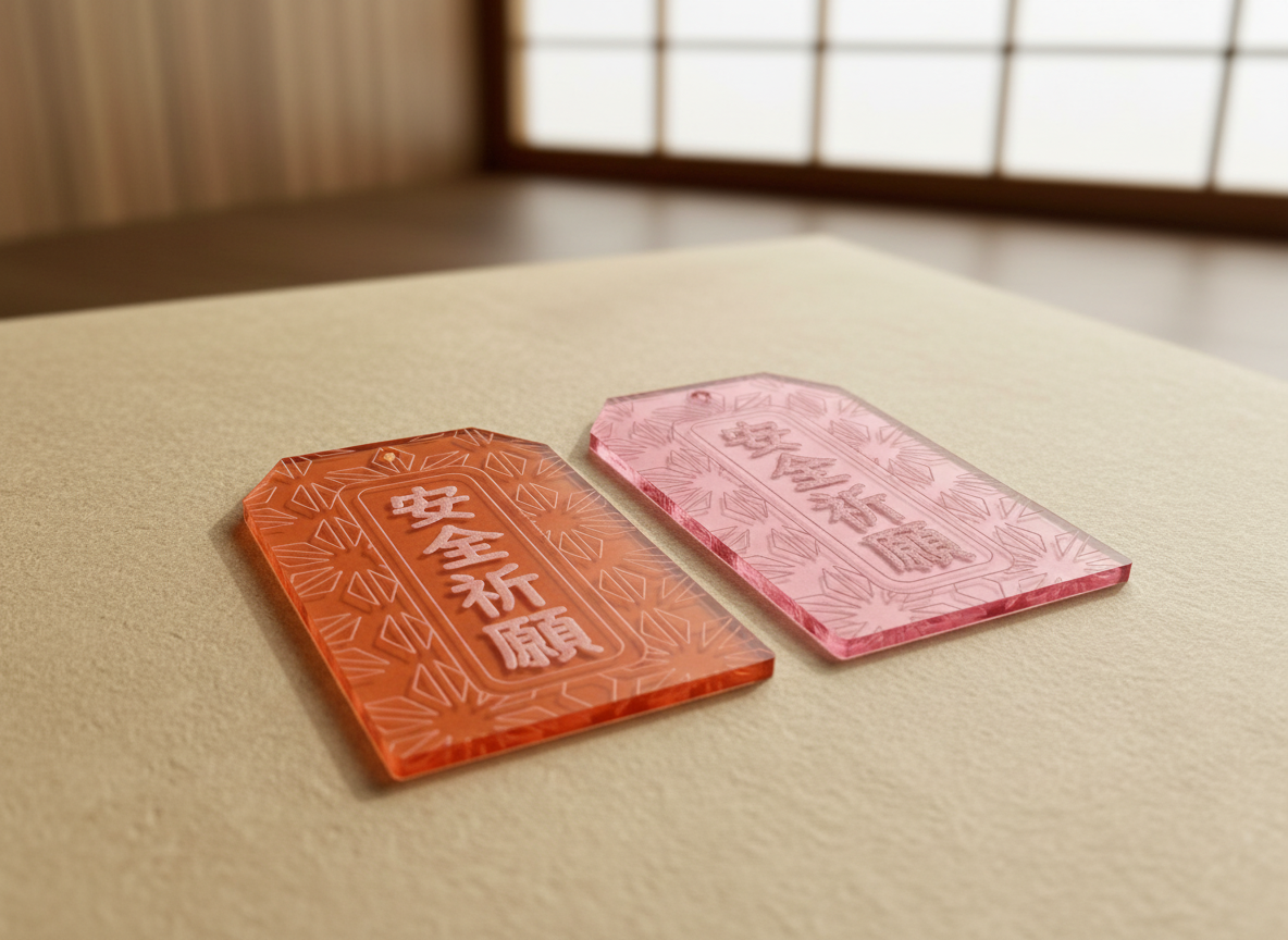 Laser Engraved Japanese Safety Prayer Acrylic Tags in Orange and Red ...