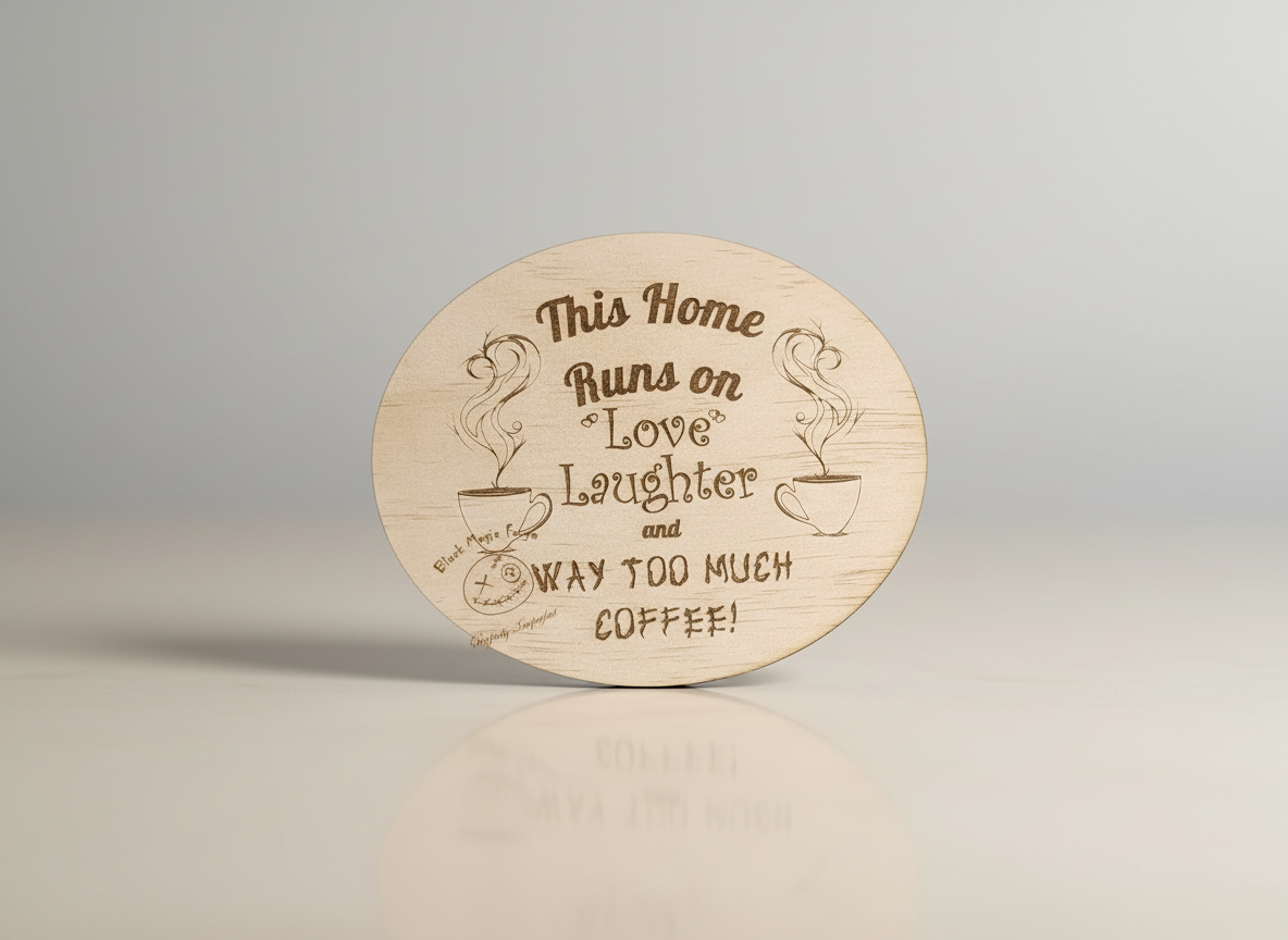 Wooden sign with quote 'This Home Runs on Love Laughter and Way Too ...
