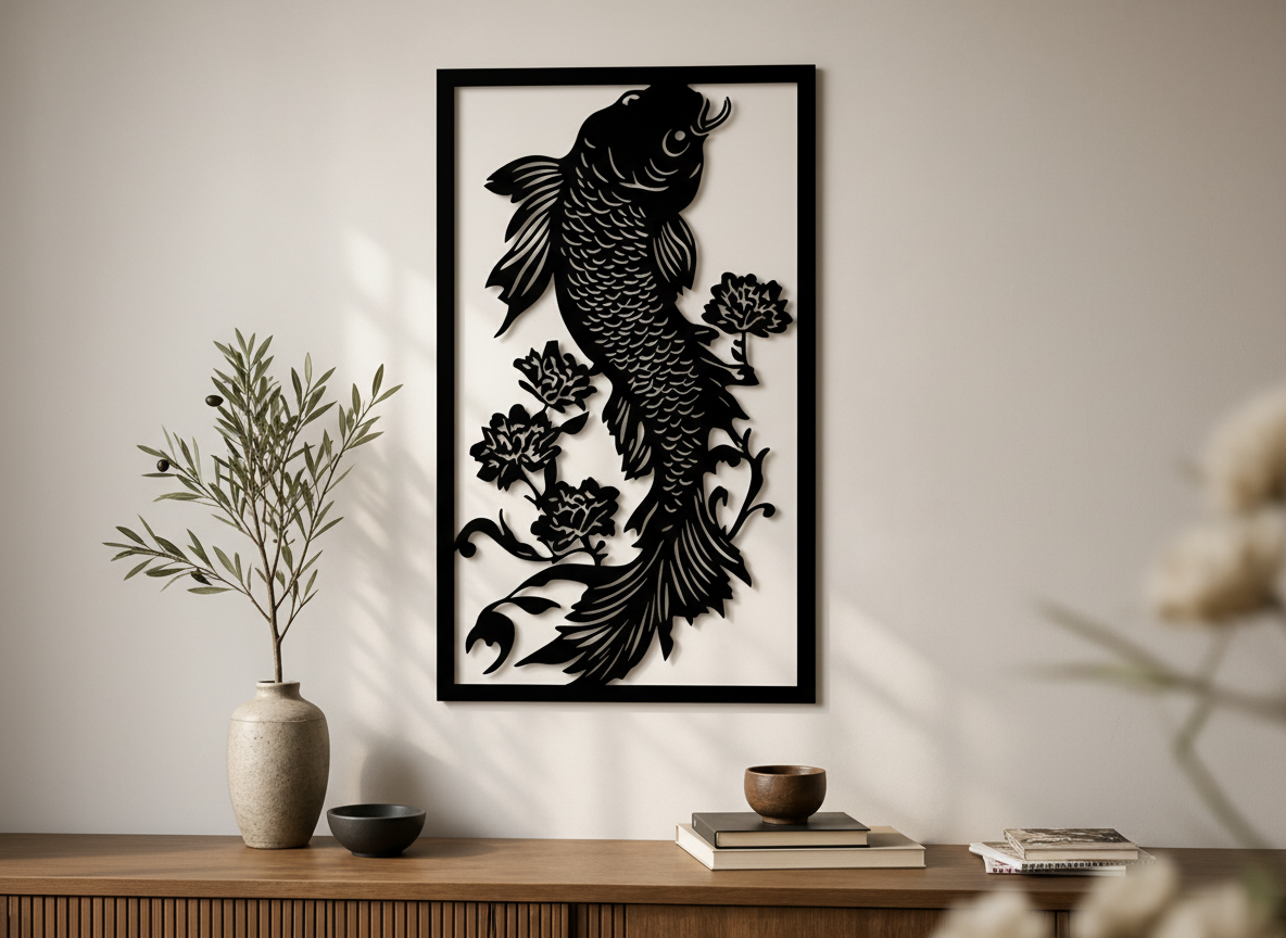 Koi Fish Floral Wall Art SVG | Japanese Fish Decor | Zen Wall Panel SVG ...