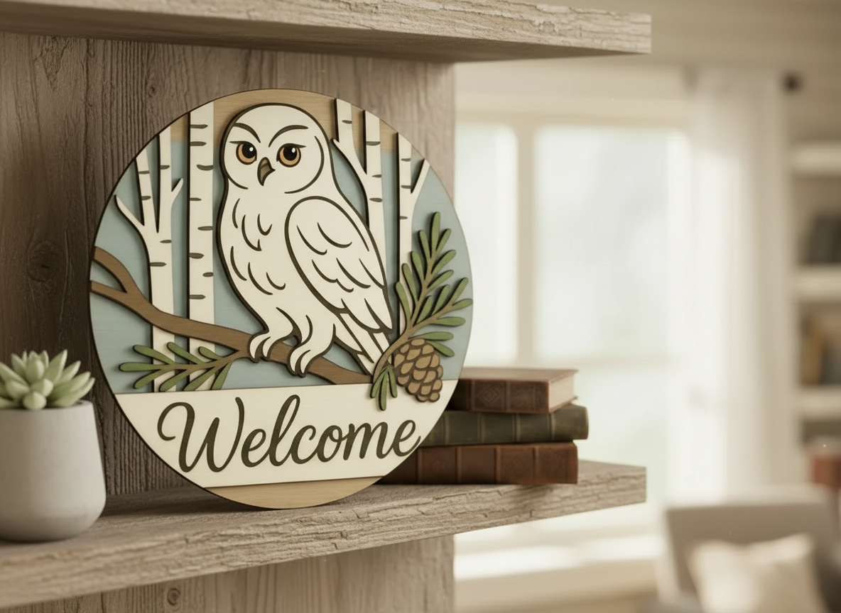 Laser cut and engrave | Laser Cut Wooden Welcome Sign with Owl and ...