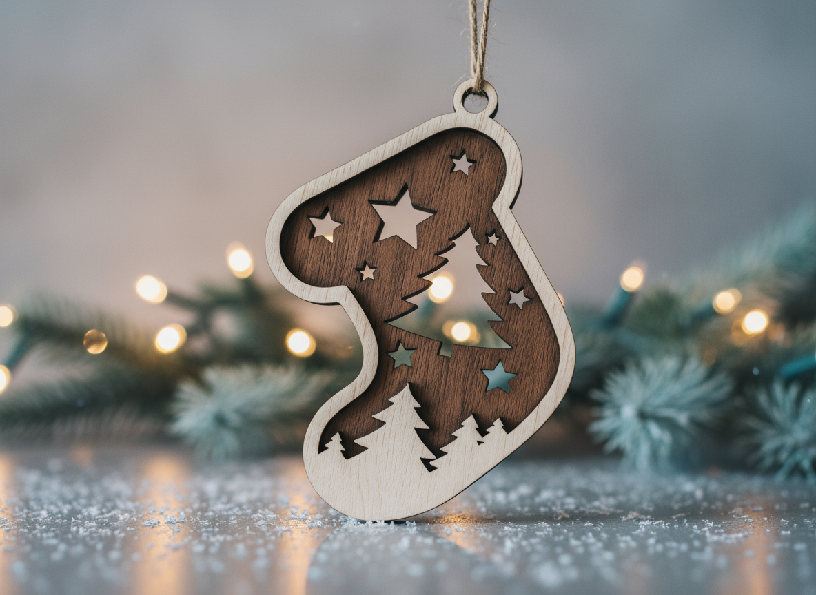 Laser Cut Wooden Christmas Stocking Ornament with Tree and Stars ...