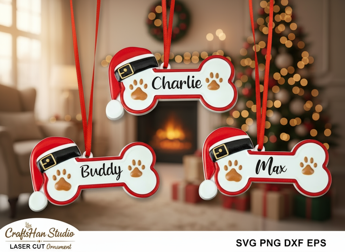 Laser Cut Personalized Dog Bone Christmas Ornaments with Santa Hats ...