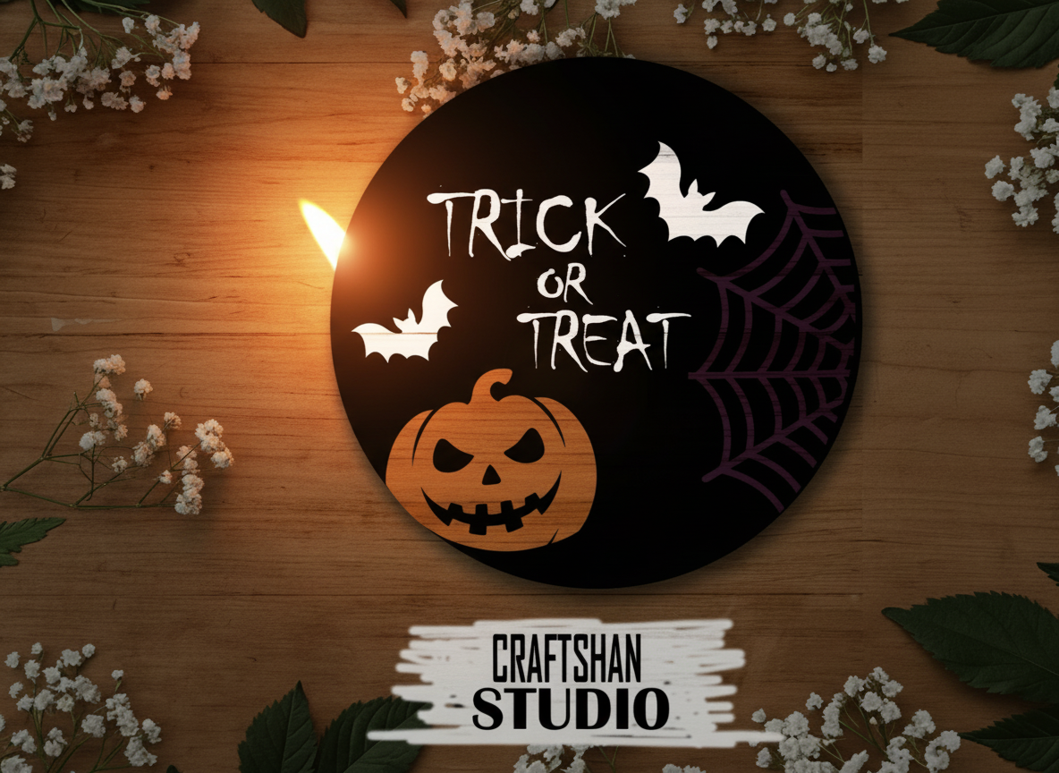 Halloween Trick or Treat Round Wooden Laser Cut Sign | Free Files - Atomm