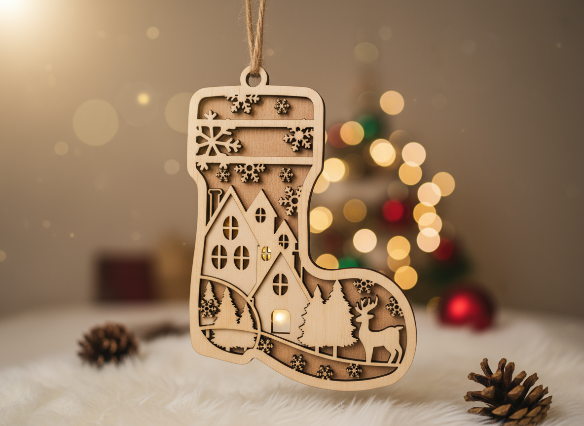 Laser Cut Wooden Christmas Stocking Ornament with Winter Village Scene ...