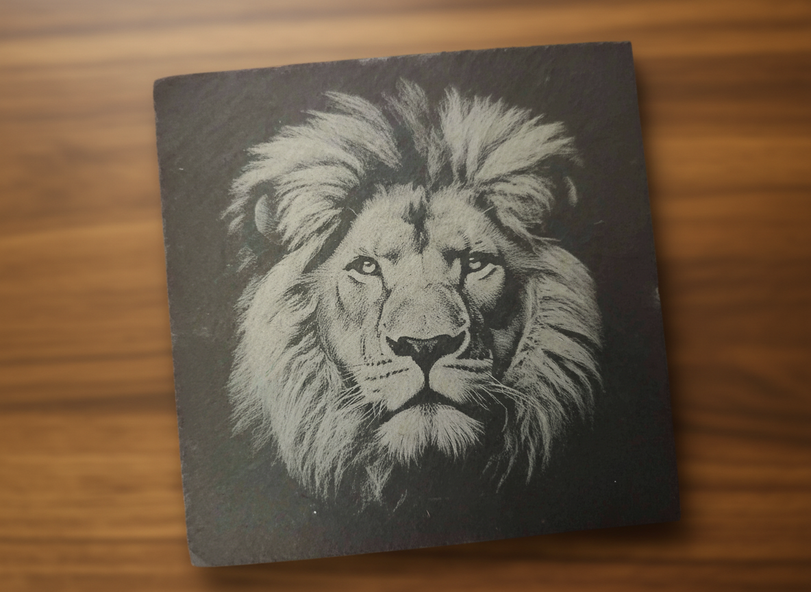 Engraved Lion Portrait on Black Slate Coaster - Decorative Plaque ...