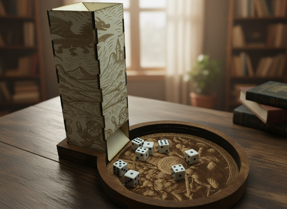 Laser Cut Wooden Dice Tower with Themed Dice Tray | Free Files - Atomm