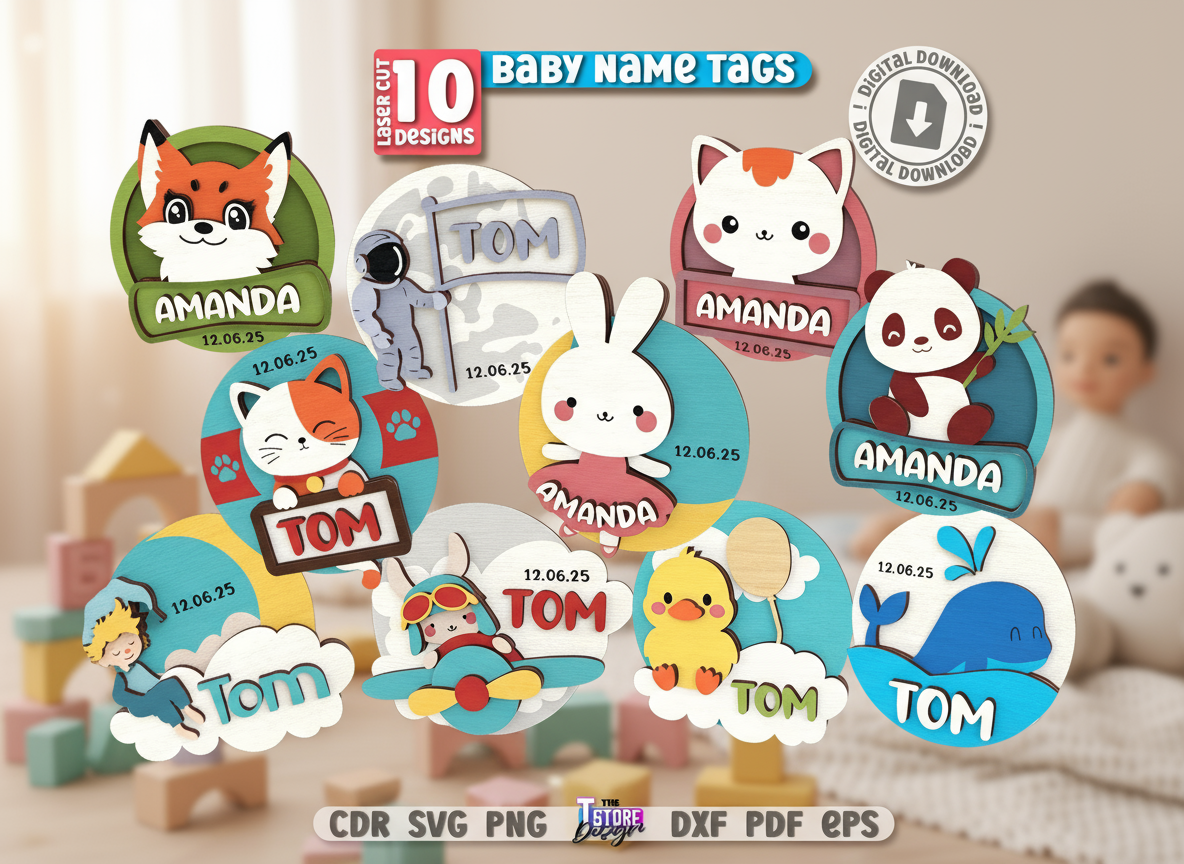 Baby Name Tags Laser Cut Bundle | Children Design | 3D Name Signs ...