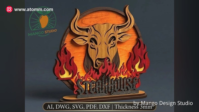 3D Bull Steakhouse Layered Laser Cut SVG - Ready to Use Files - Atomm