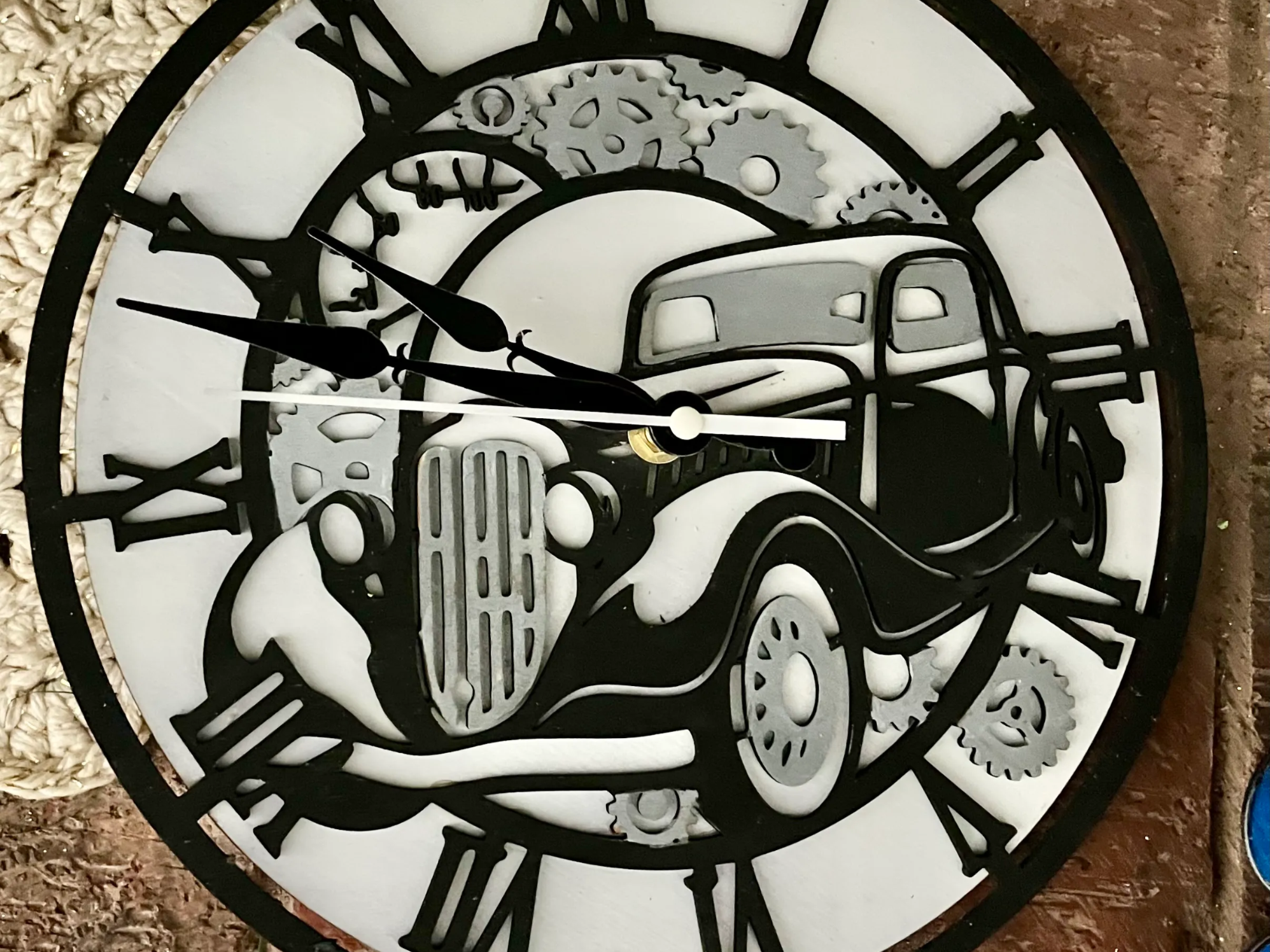 Vintage Car Wall Clock with Roman Numerals and Mechanical Gear Details ...