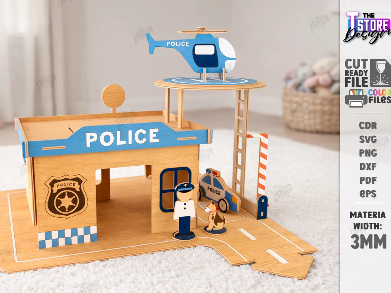 Wooden Police Station Playset with Helicopter and Patrol Car Laser Cut ...
