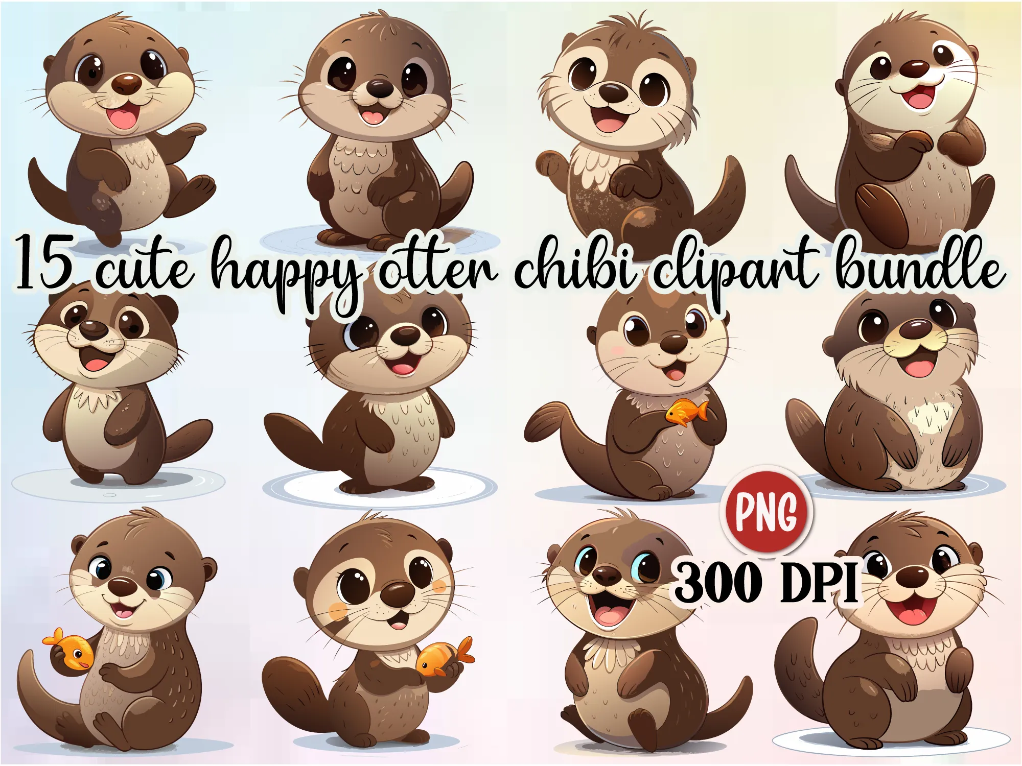 15 Cute Happy Otter Chibi Clipart Bundle PNG 300 DPI | Ready to Use ...