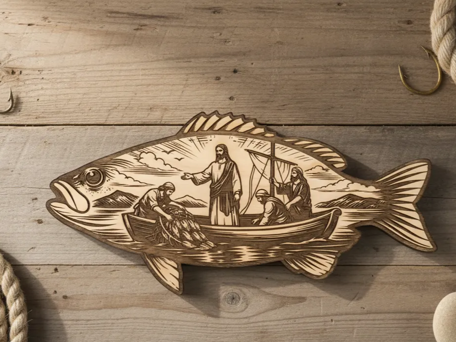 Fish Shaped Wall Plaque Featuring Jesus and Disciples Fishing | Free ...