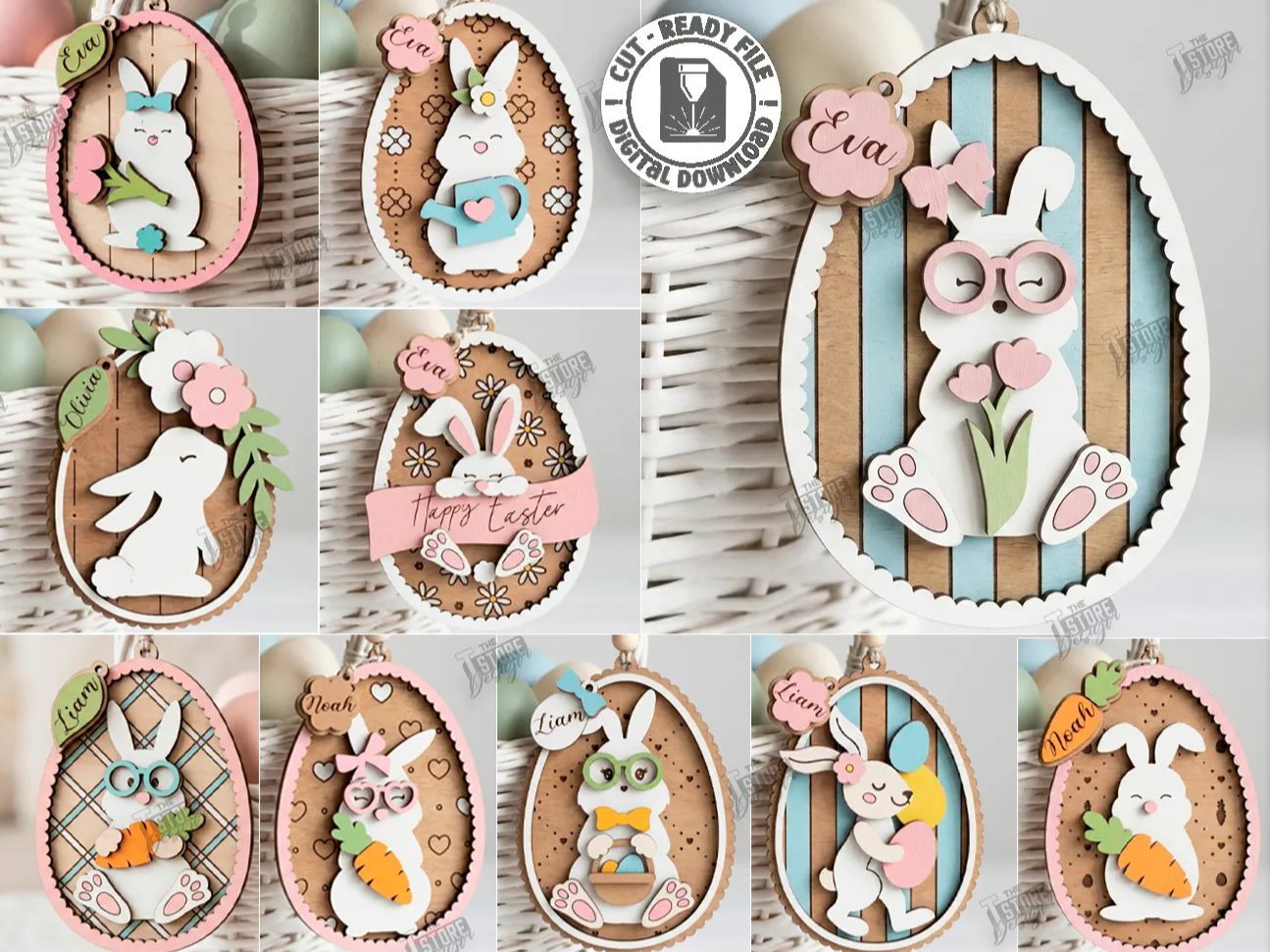 Personalized Easter Bunny Egg Ornaments with Names Laser Cut Bundle ...