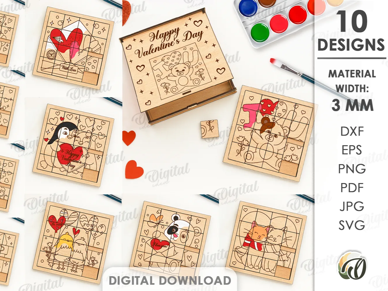 3D Valentine's day paintable kids puzzles bundle. Puzzle game laser cut ...