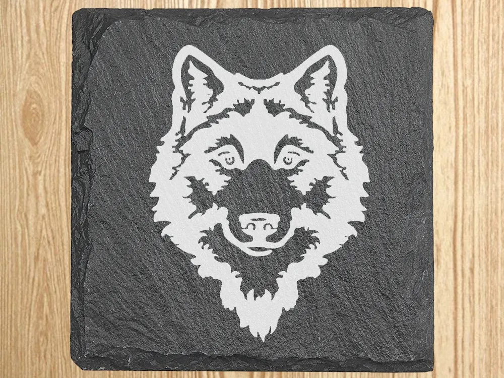 Laser Engraved Wolf Head Design on Slate Coaster | Free Files - Atomm