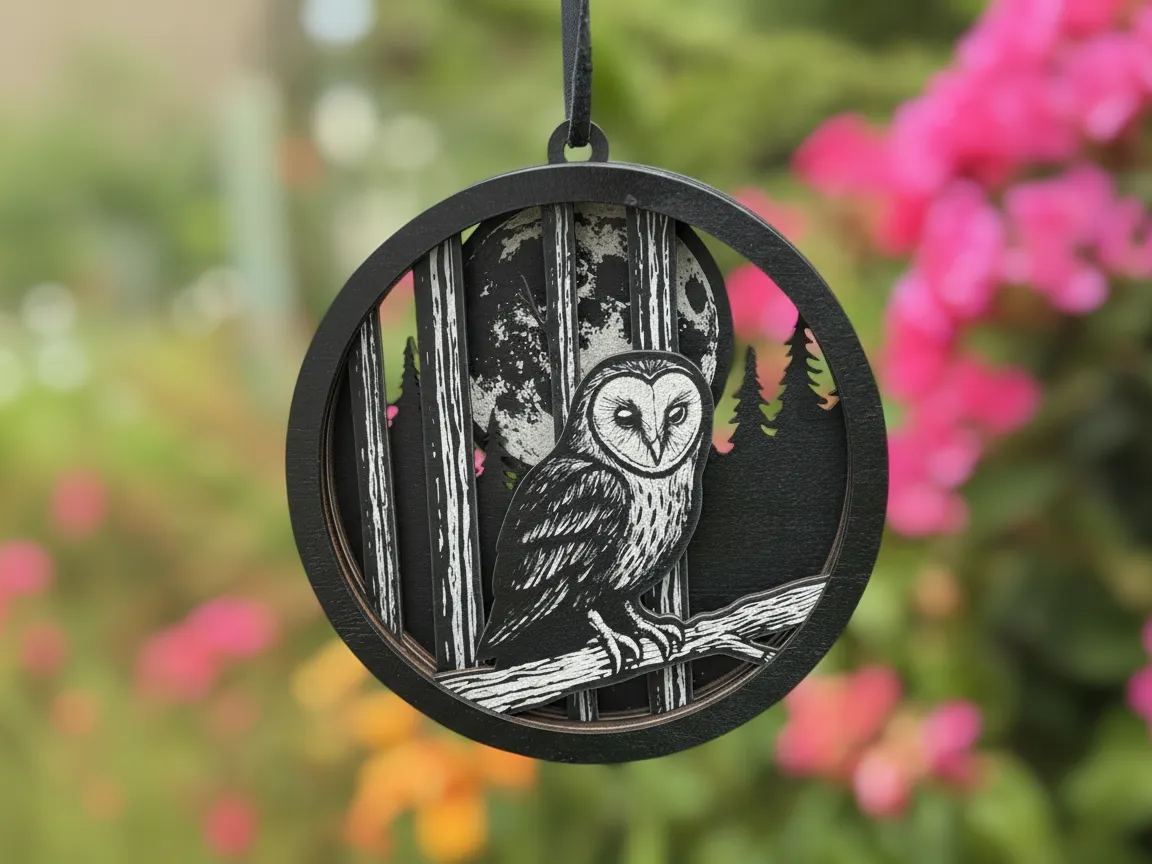 3D Layered Barn Owl and Full Moon Forest Scene Round Hanging Ornament ...