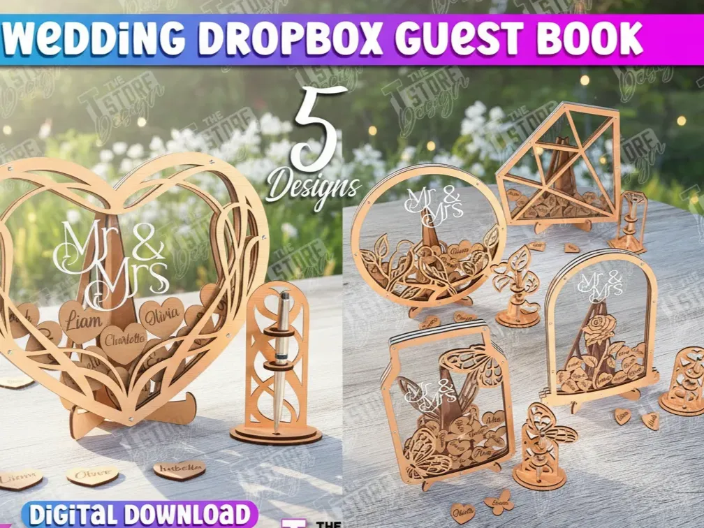 Laser Cut Wooden Wedding Dropbox Guest Book with Heart Tokens | Ready ...