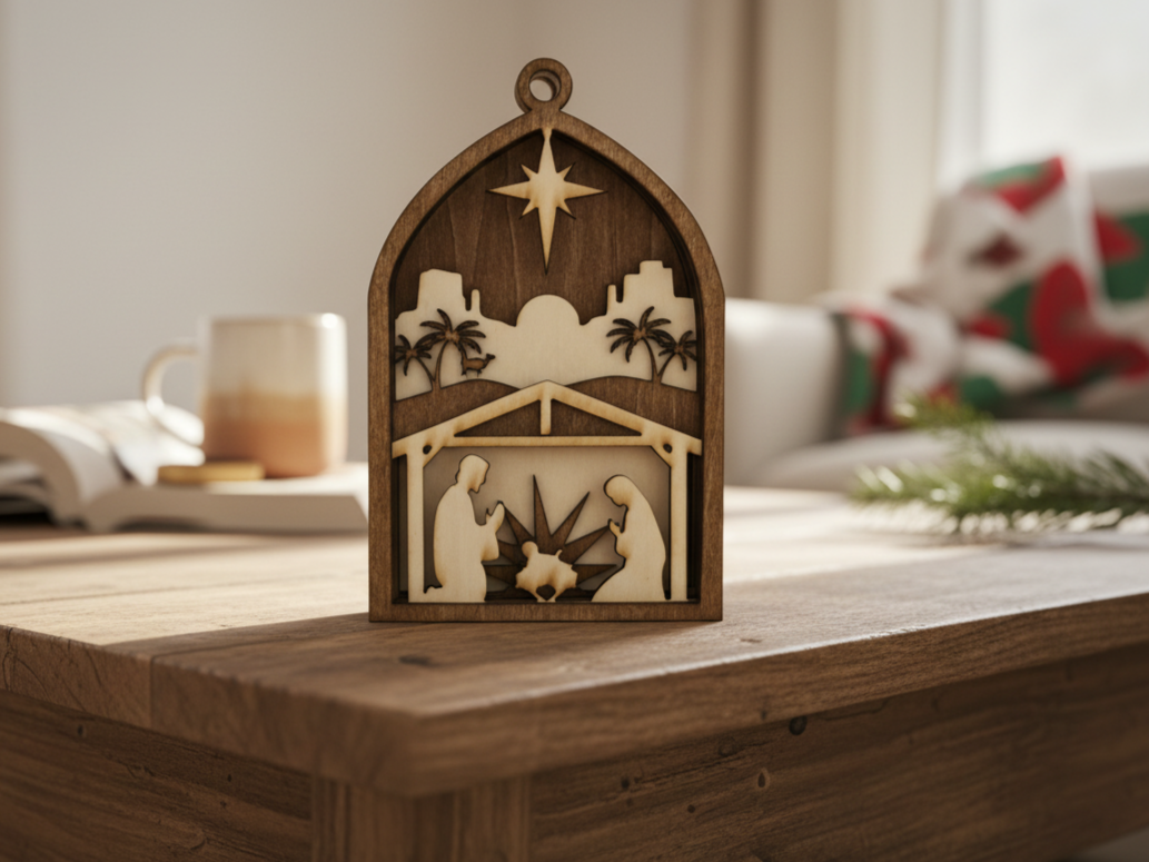 Laser Cut Layered Wooden Nativity Scene Christmas Ornament Decoration ...