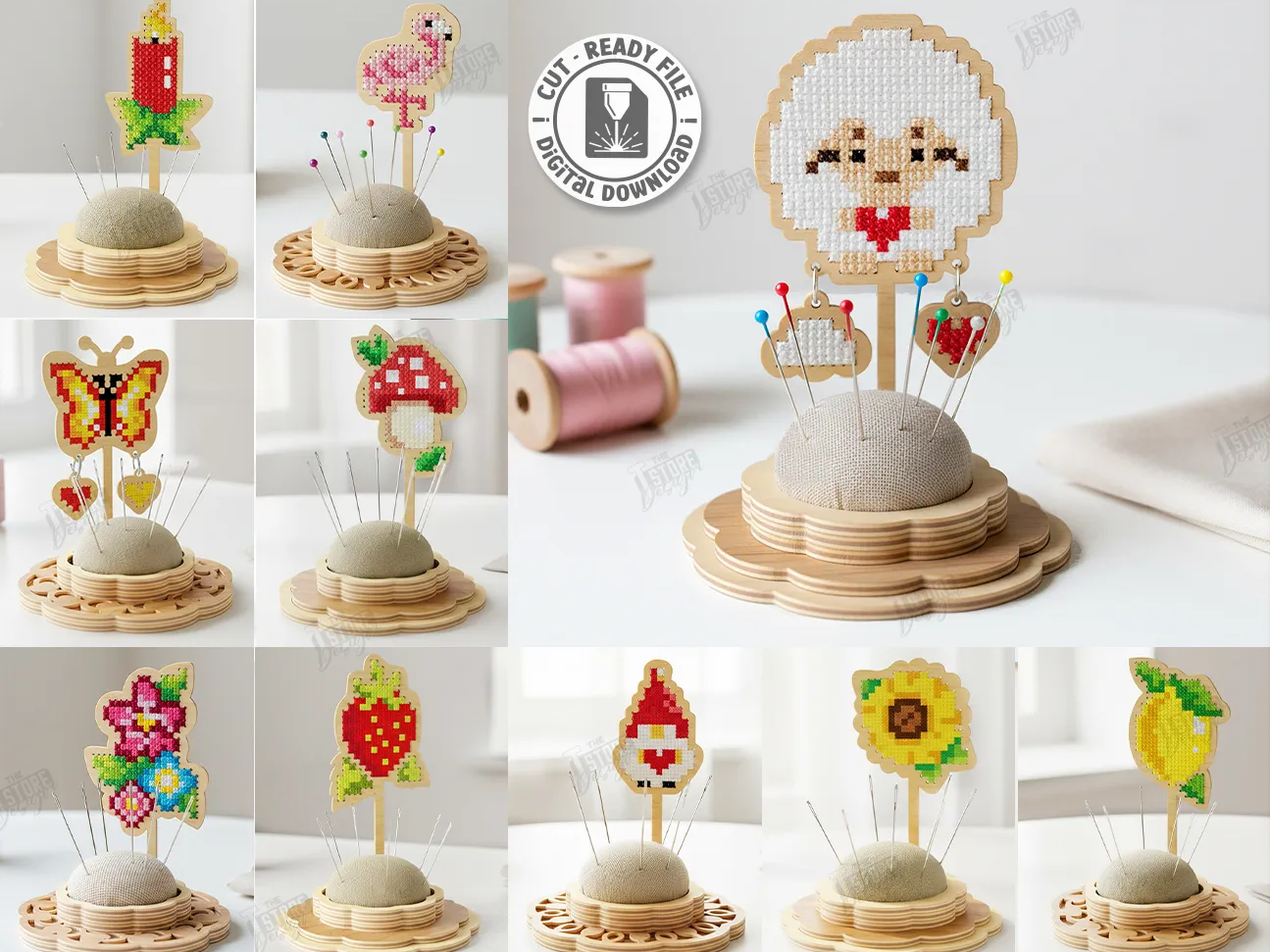 Wooden Cross Stitch Pincushion Holders with Colorful Designs Laser Cut ...