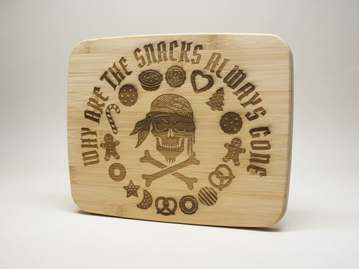 Laser Engraved Bamboo Cutting Board with Pirate Skull and Snack Design ...