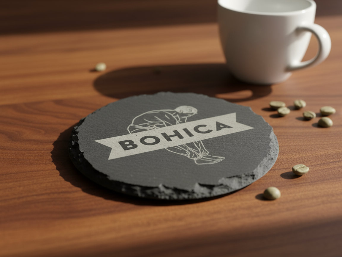 Laser cut and engrave | Laser Engraved Round Slate Coaster with Bohica ...