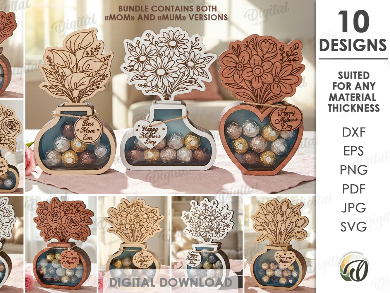 3D Flower vase candy holders Bundle. Gift box laser cut files. Mother's ...