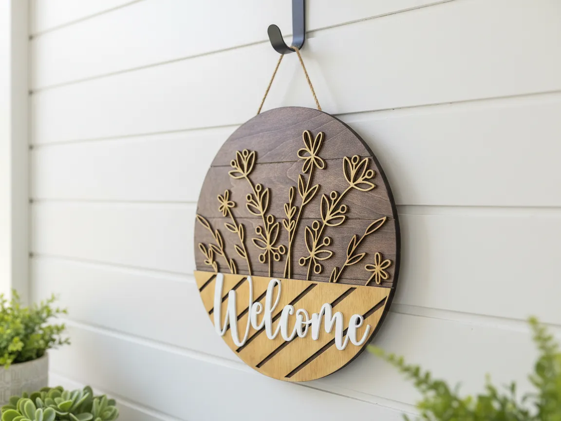 Laser Cut Wooden Welcome Sign with Floral Design | Free Files - Atomm