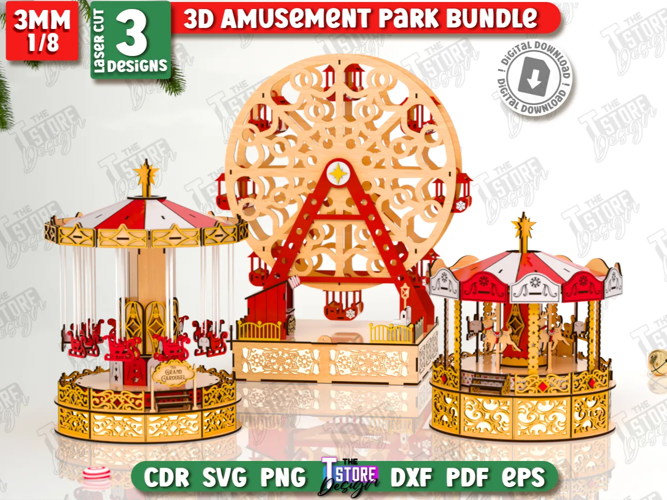 3D Amusement Park Bundle. Christmas Carousel SVG. Ferris Wheel Model ...