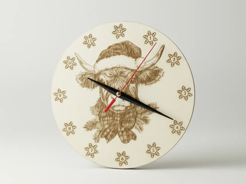 Laser Engraved Round Wooden Clock with Highland Cow Christmas Design ...