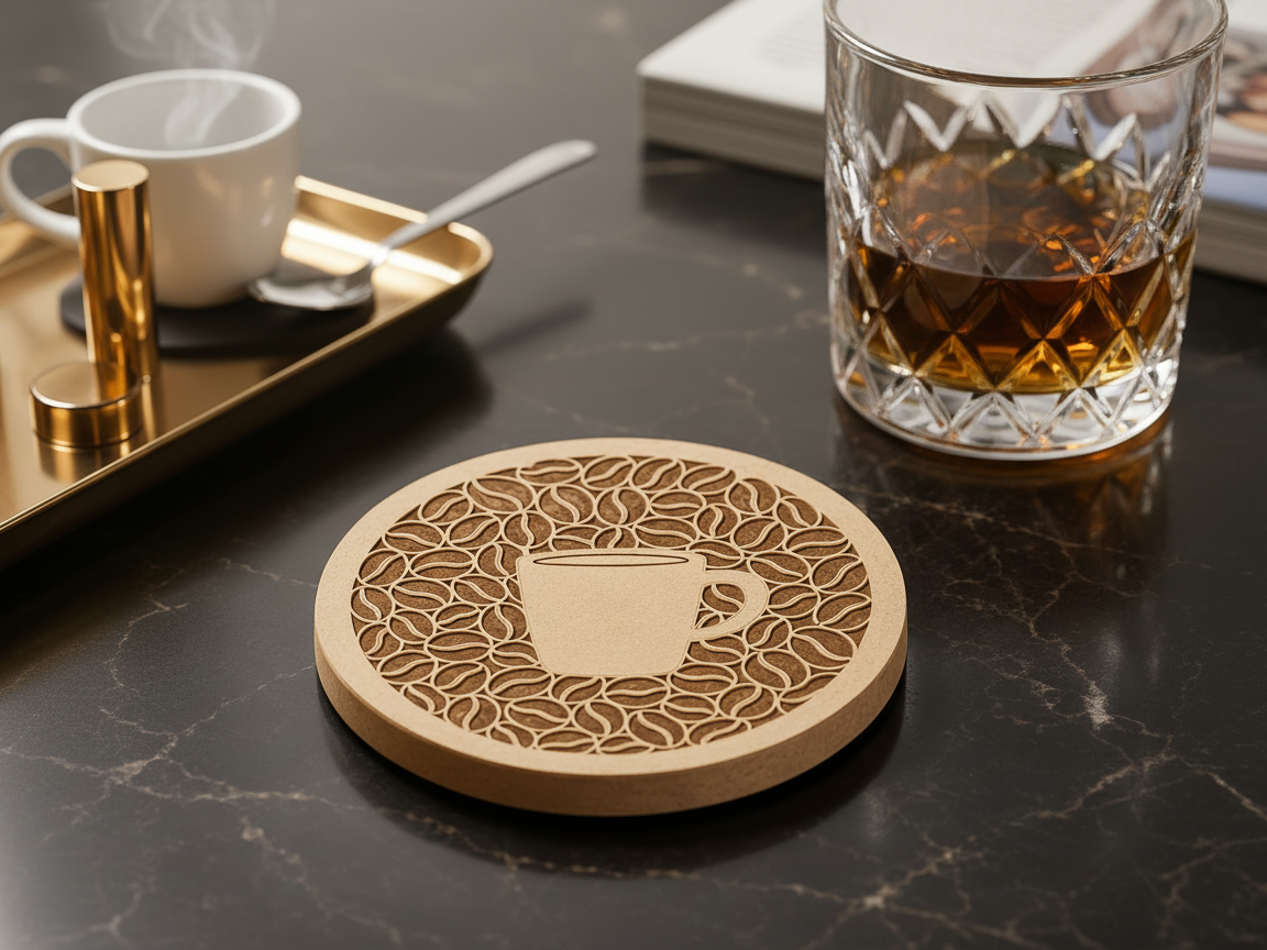 Round wooden drink coaster with coffee bean pattern and cup motif ...