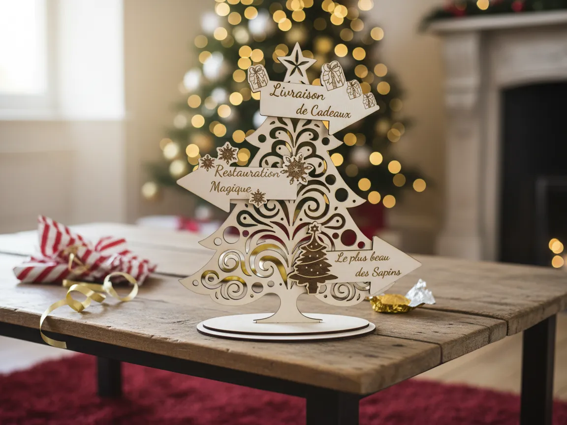 Laser Cut Wooden Christmas Tree Tabletop Decoration with French Signs ...