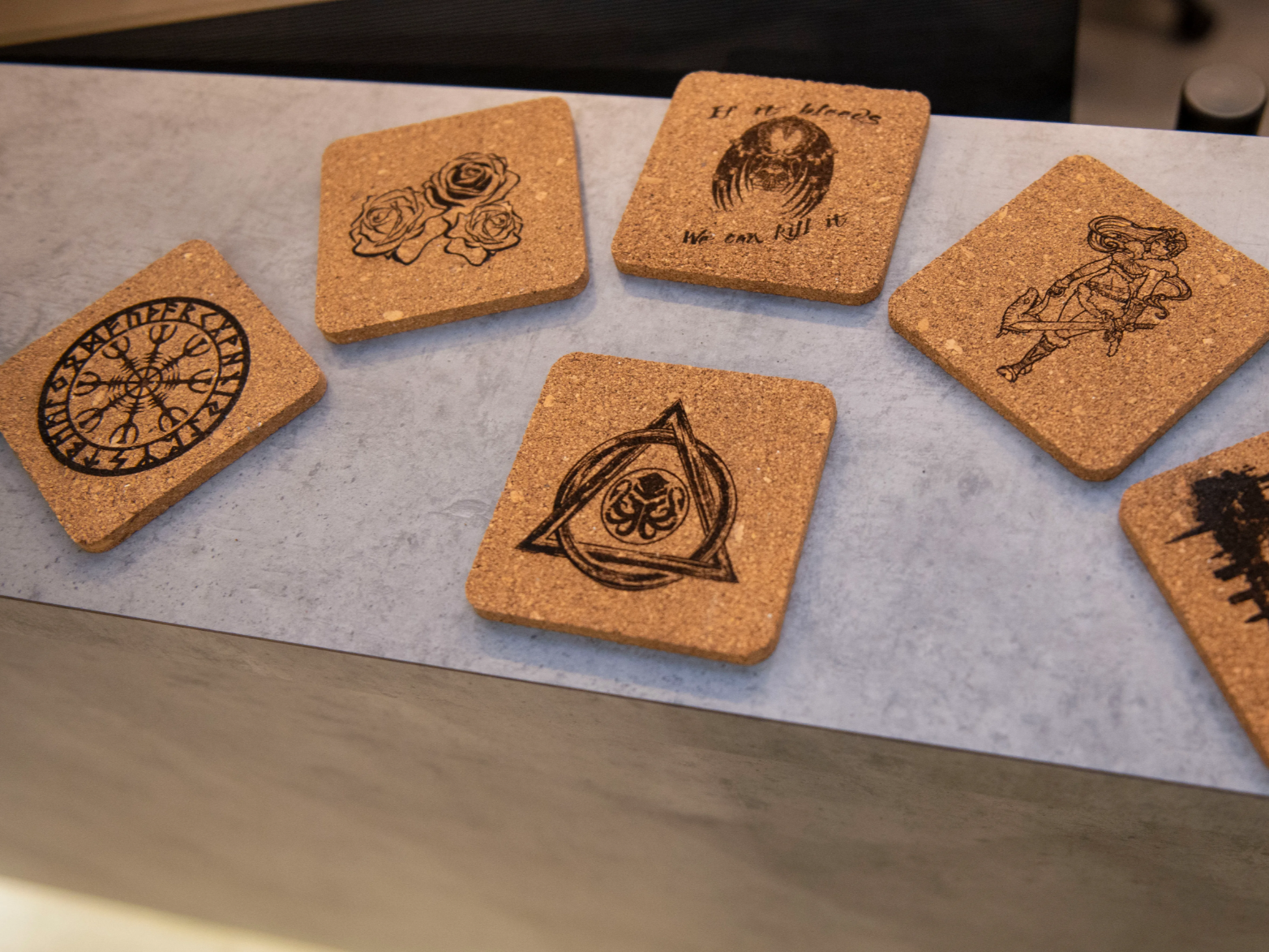 Laser Engraved Cork Drink Coasters with Unique Artistic Designs | Ready ...