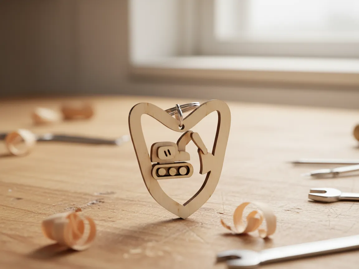 Laser Cut Wooden Excavator Keychain with Heart Design | Free Files - Atomm
