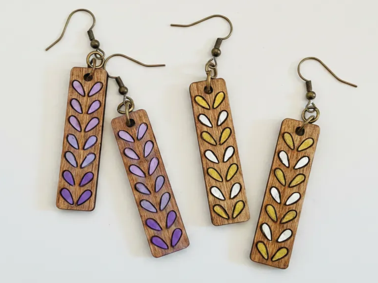 Wooden Rectangular Drop Earrings with Colorful Leaf Pattern | Free ...