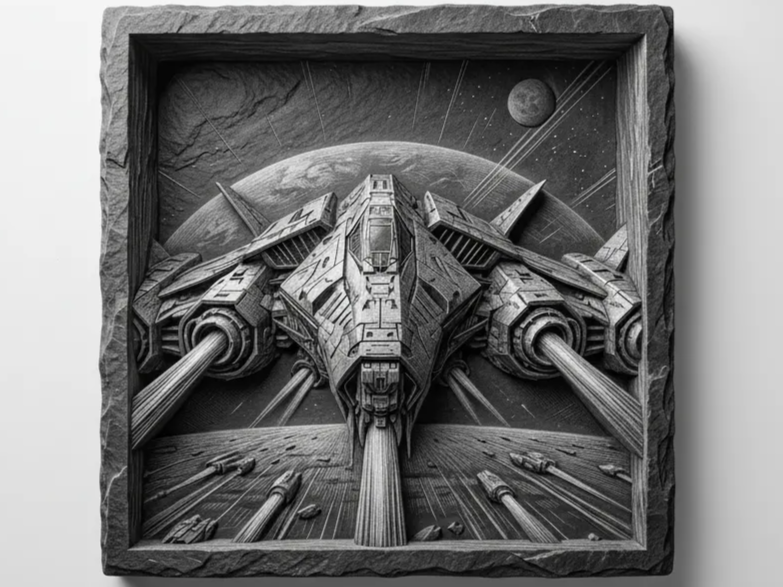 gravure sur carrelage représentant un vaisseau spatial futuriste dans l ...