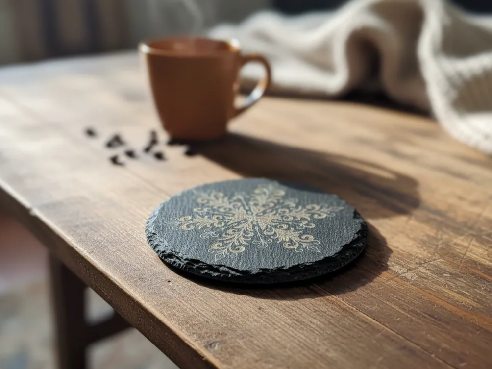 Laser Engraved Round Slate Coasters with Snowflake Design | Free Files ...