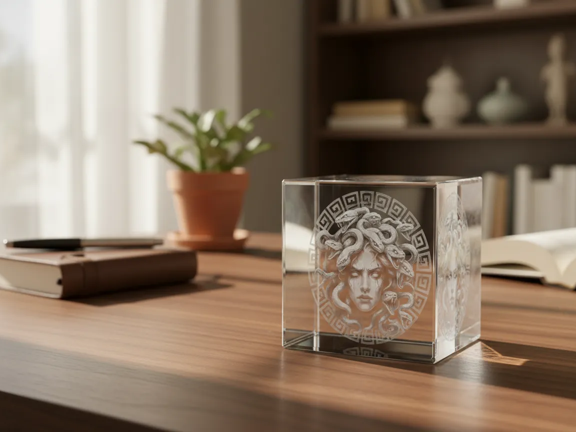 Glass Cube Featuring Medusa Head with Greek Key Border | Free Files - Atomm