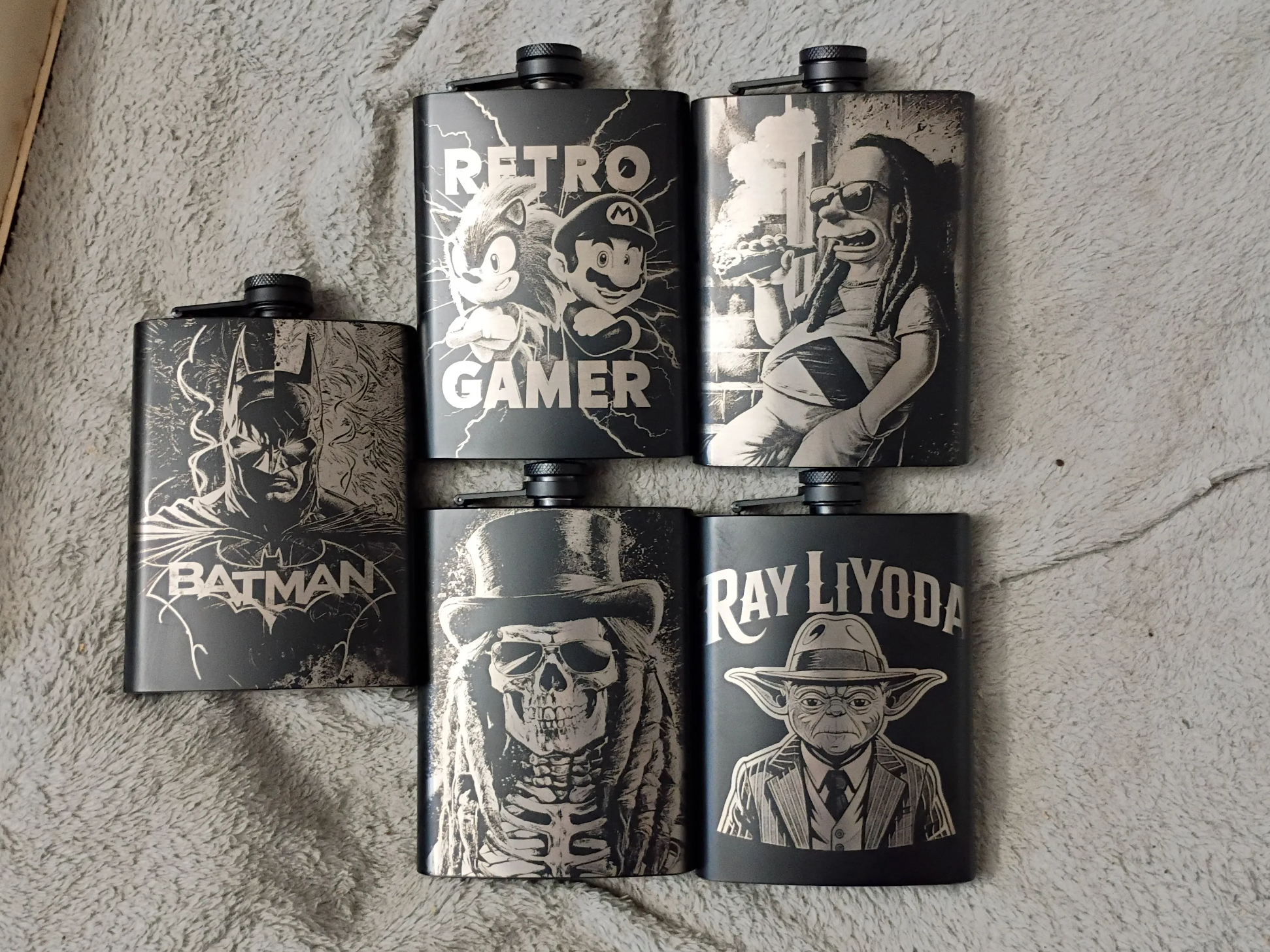 Laser Engraved Black Metal Gamer and Pop Culture Hip Flasks bundle of 5 ...