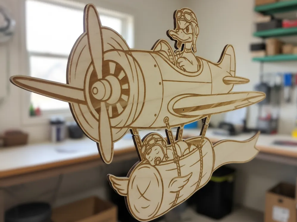 Laser Cut Wooden Airplane with Cartoon Pilot and Baby in Barrel 1102 x ...