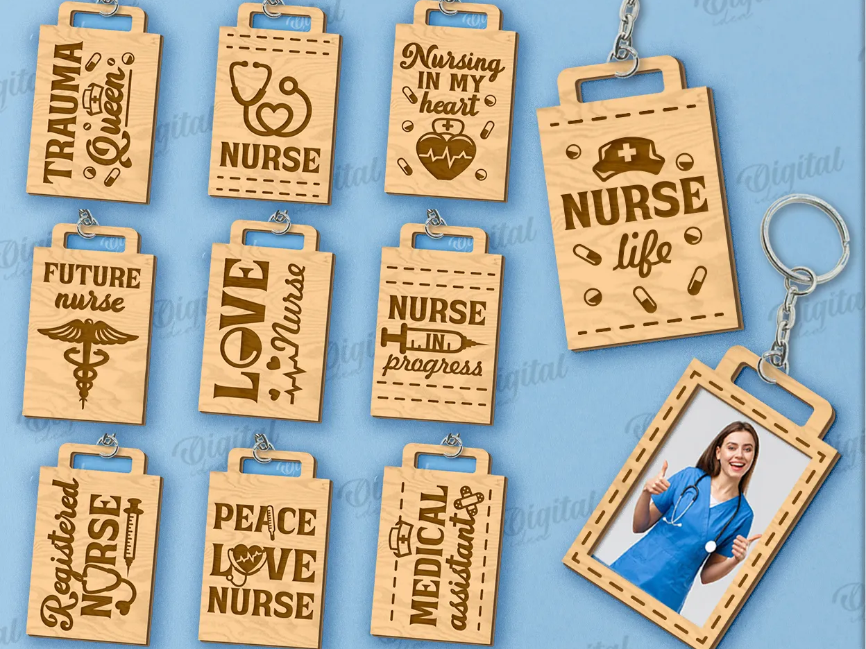 3D Nurse keychains with photo bundle laser cut. Wooden medical keychain ...