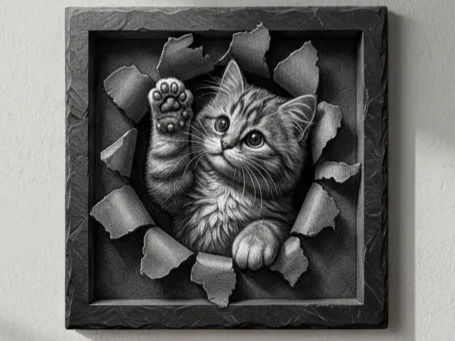 gravure sur carrelage ou ardoise représentant un chaton sortant d'une ...