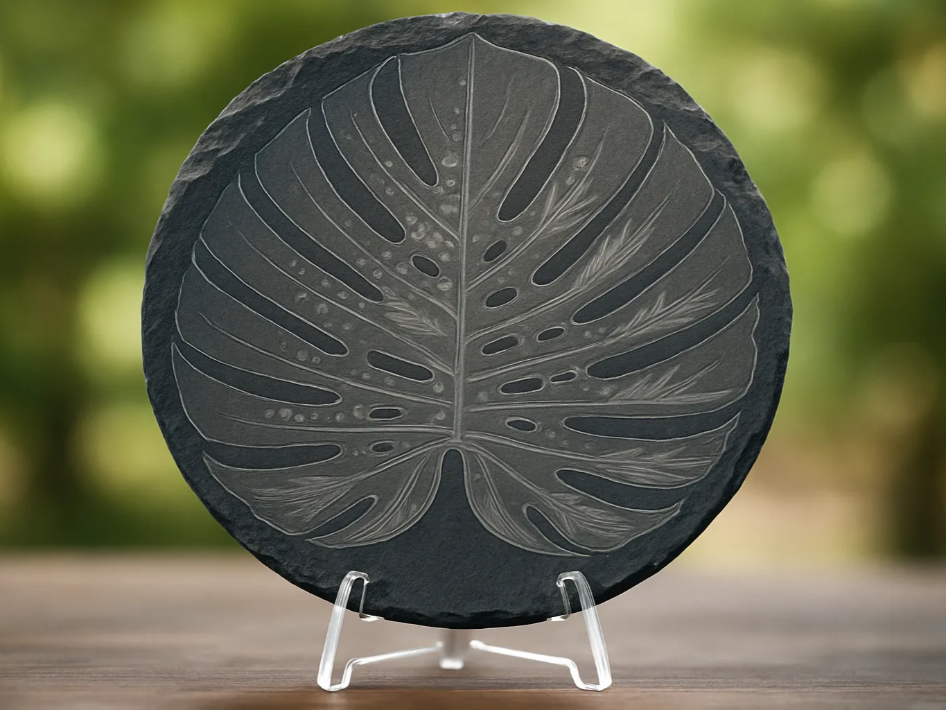 Laser Engraved Mostera Deliciosa Leaf Slate Coaster with Clear Stand ...