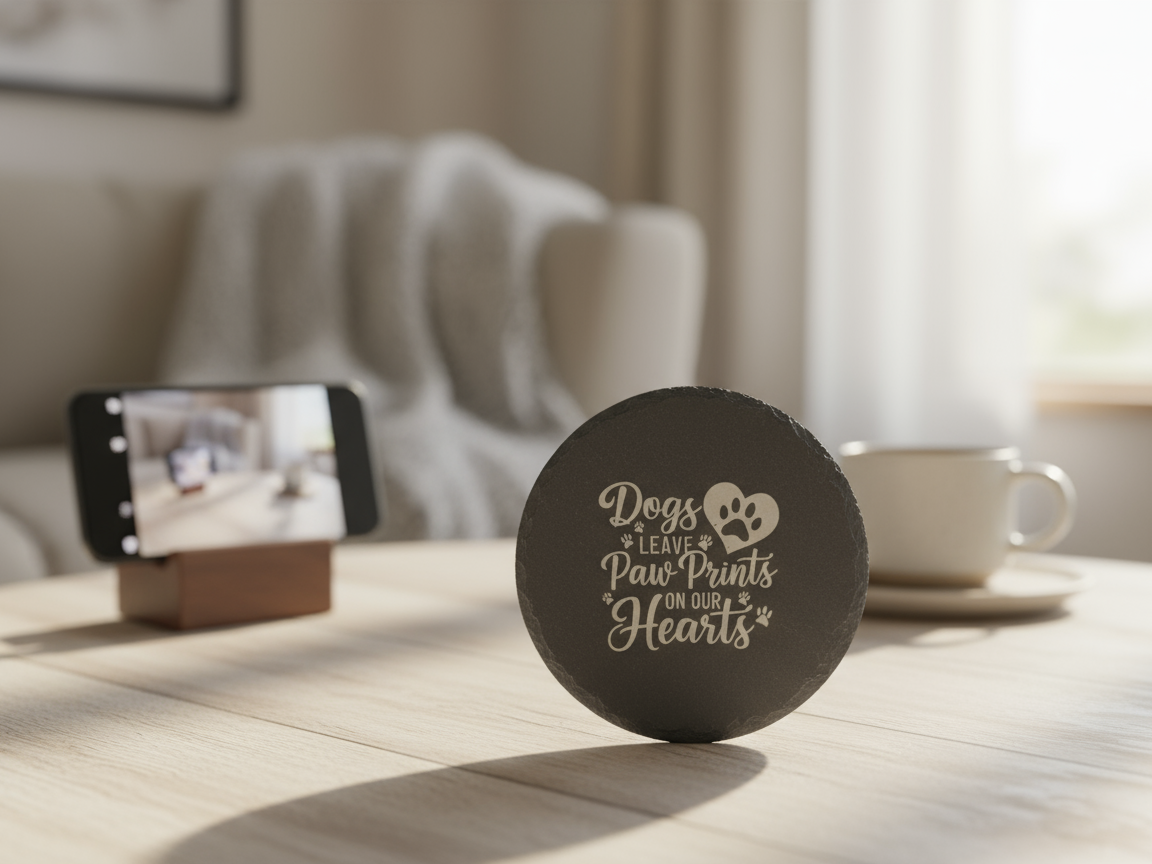 Laser Engraved Dog Paw Prints Round Stone Coaster | Free Files - Atomm