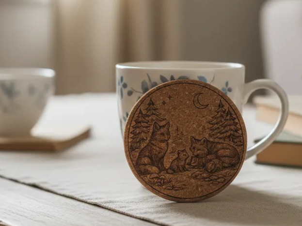 Laser Engraved Cork Coaster with Fox Family Forest Design | Free Files ...