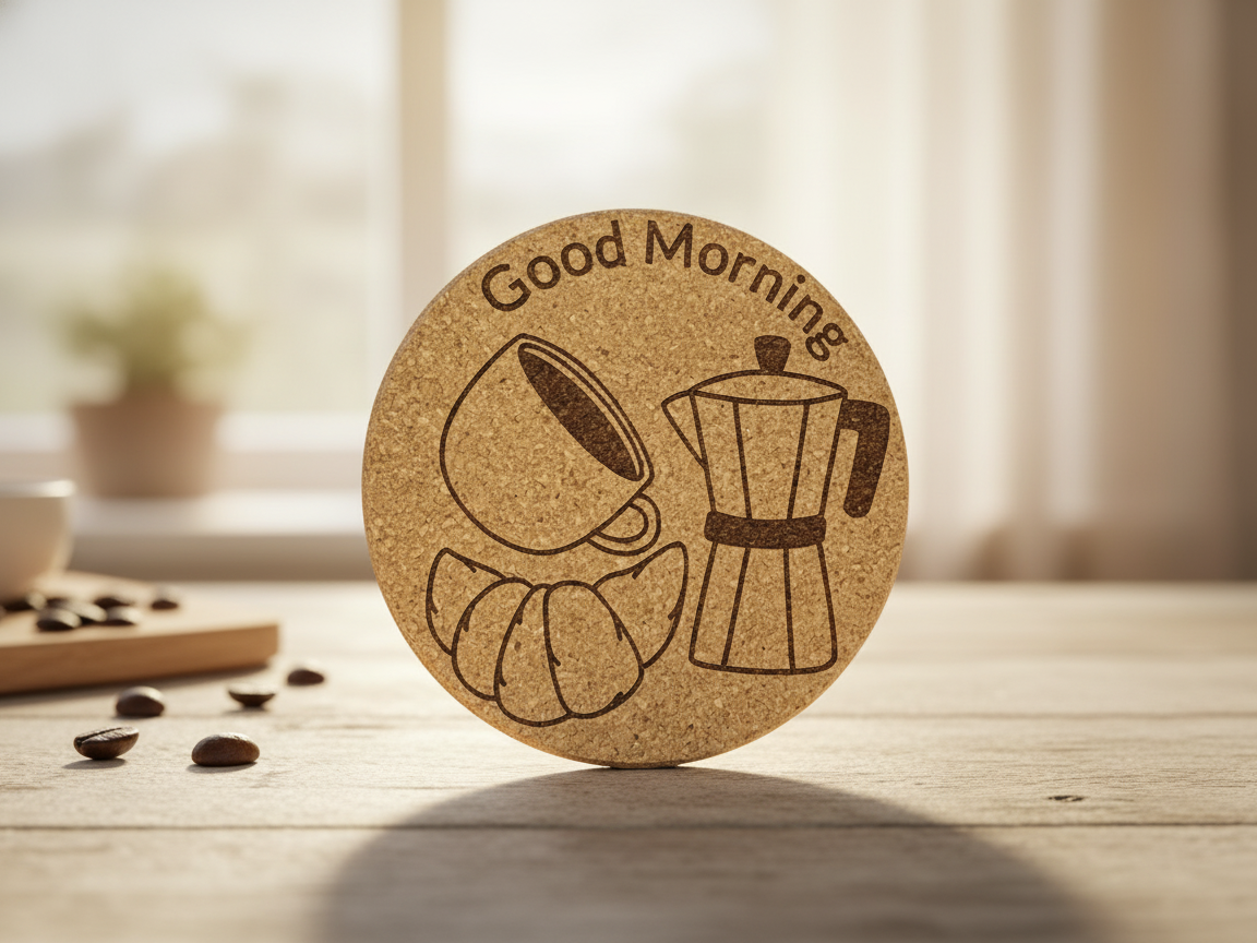 Laser Engraved Cork Coaster with Good Morning Coffee Design | Free ...