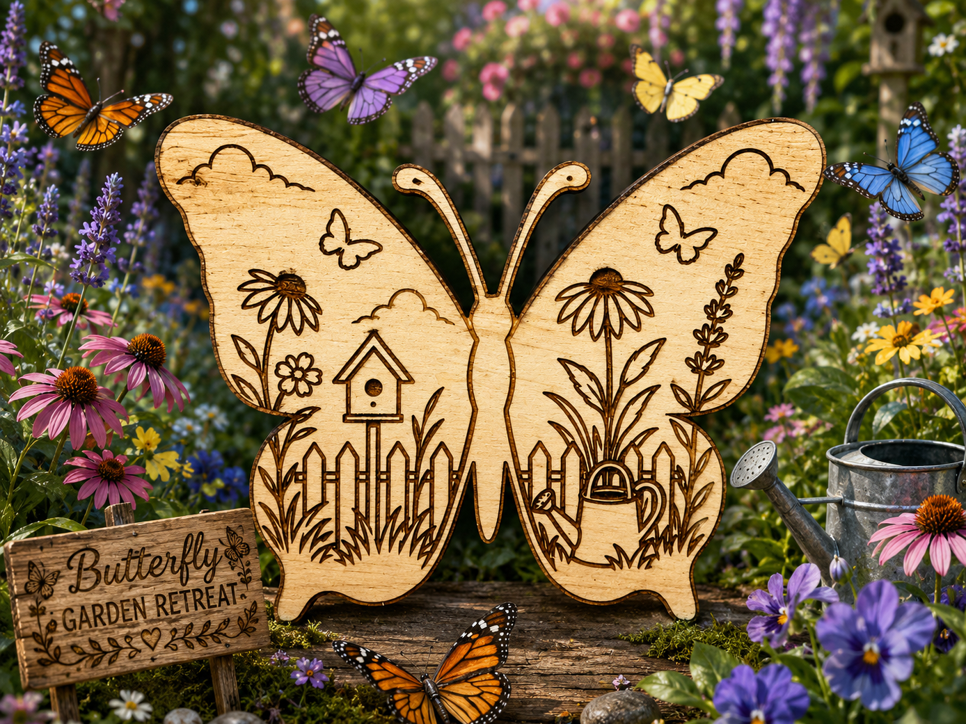 Butterfly Garden Retreat – Rustic Nature Wood Engraving | Free Files ...