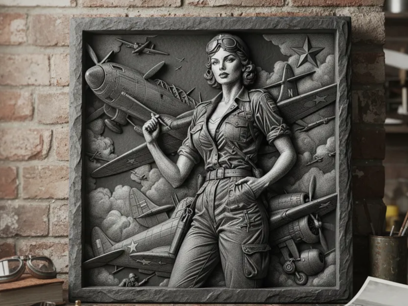 gravure sur carrelage d'une pin up dans l'armée de l'air avec effet 3D ...